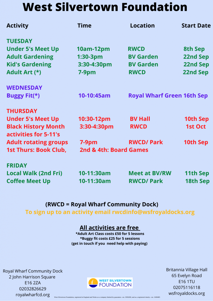 September timetable | West Silvertown Foundation